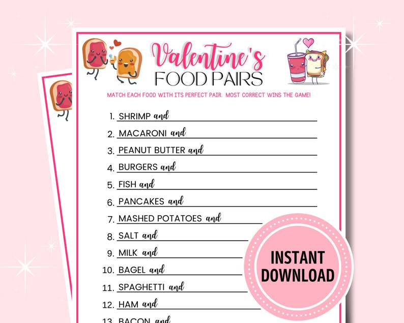 Valentine's Food Pairs Game Printable Valentine Games Digital Download ...