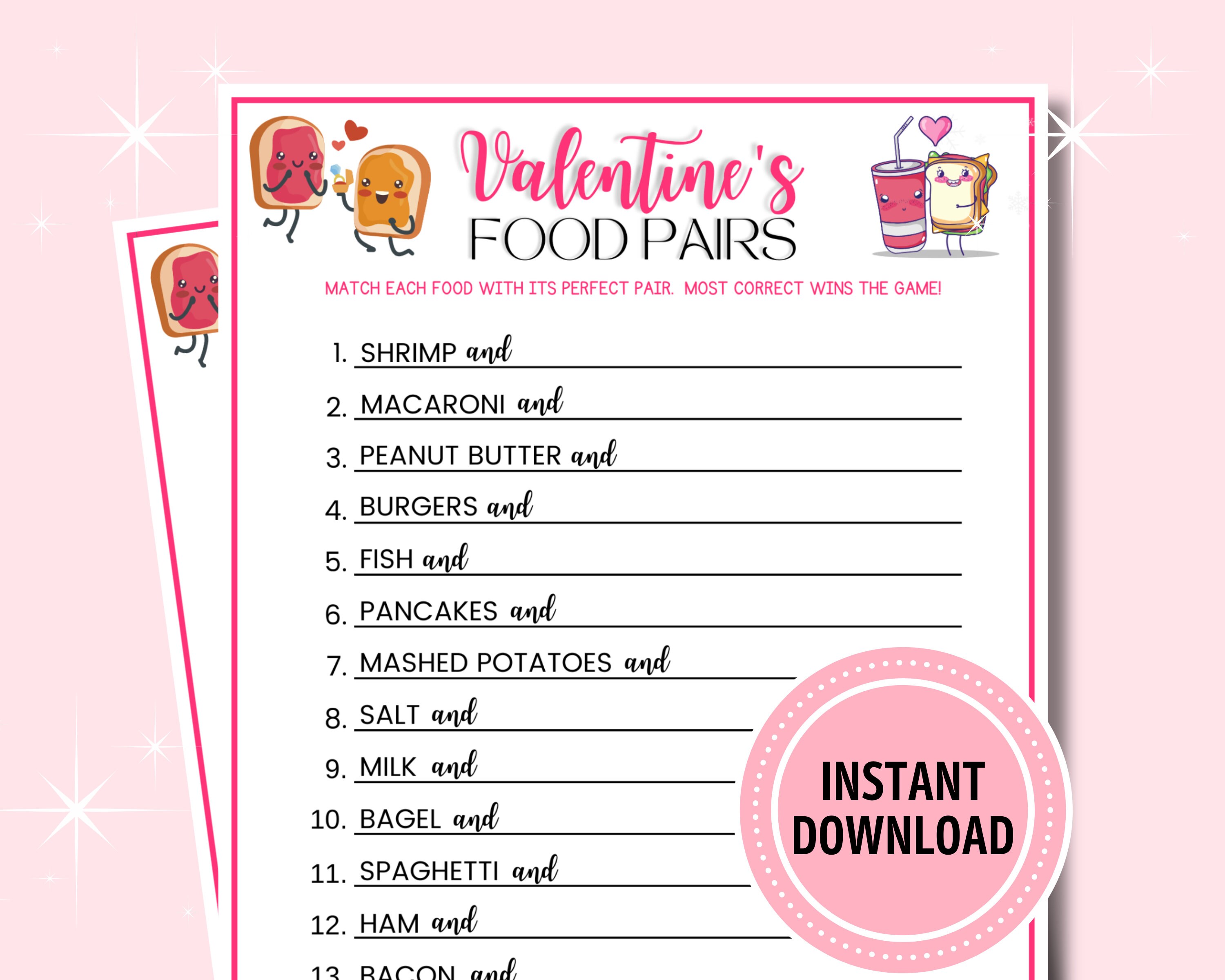 Valentine's Food Pairs Game Printable Valentine Games Digital Download ...