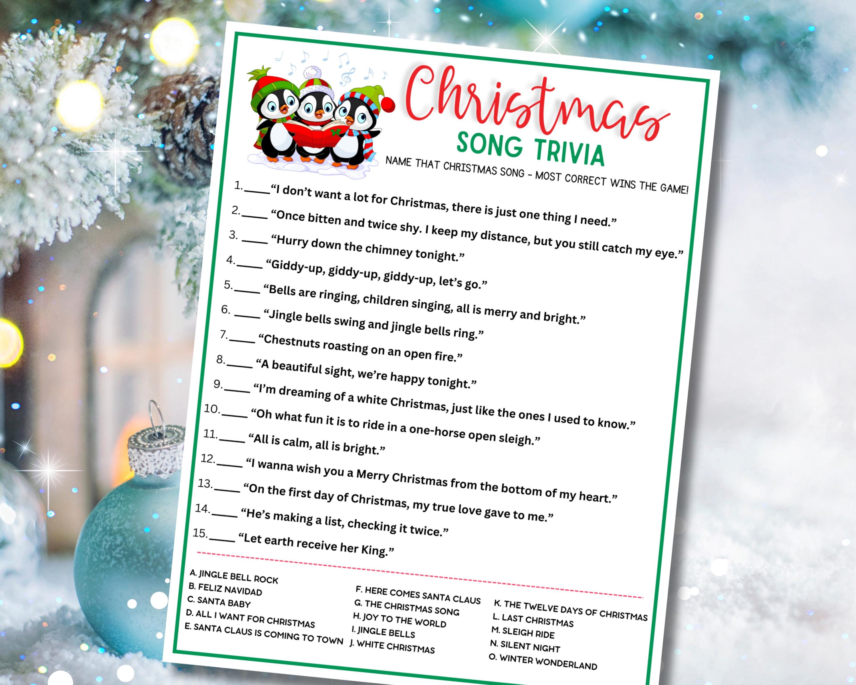 Christmas Song Trivia Game: Printable Holiday Party (digital Download ...