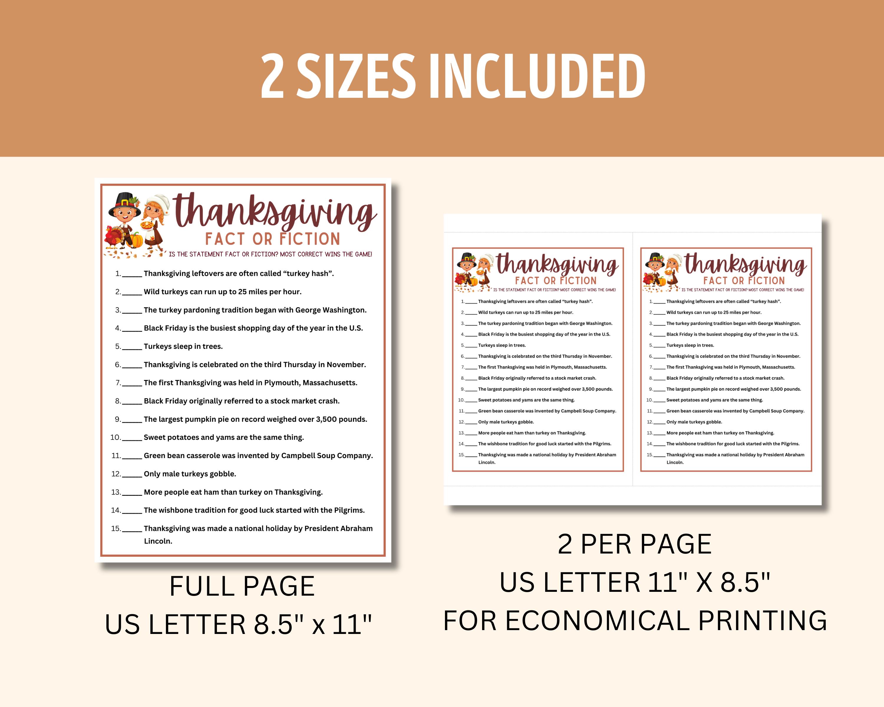 Thanksgiving Fact or Fiction Game: Printable Holiday Activity (digital ...