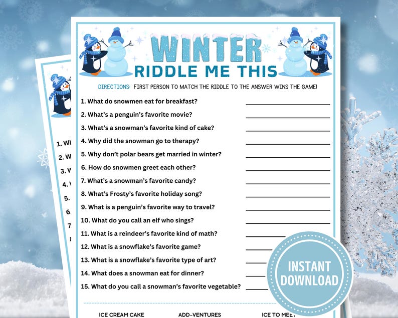 Winter Riddle Game: Printable Trivia for Kids & Adults (digital ...