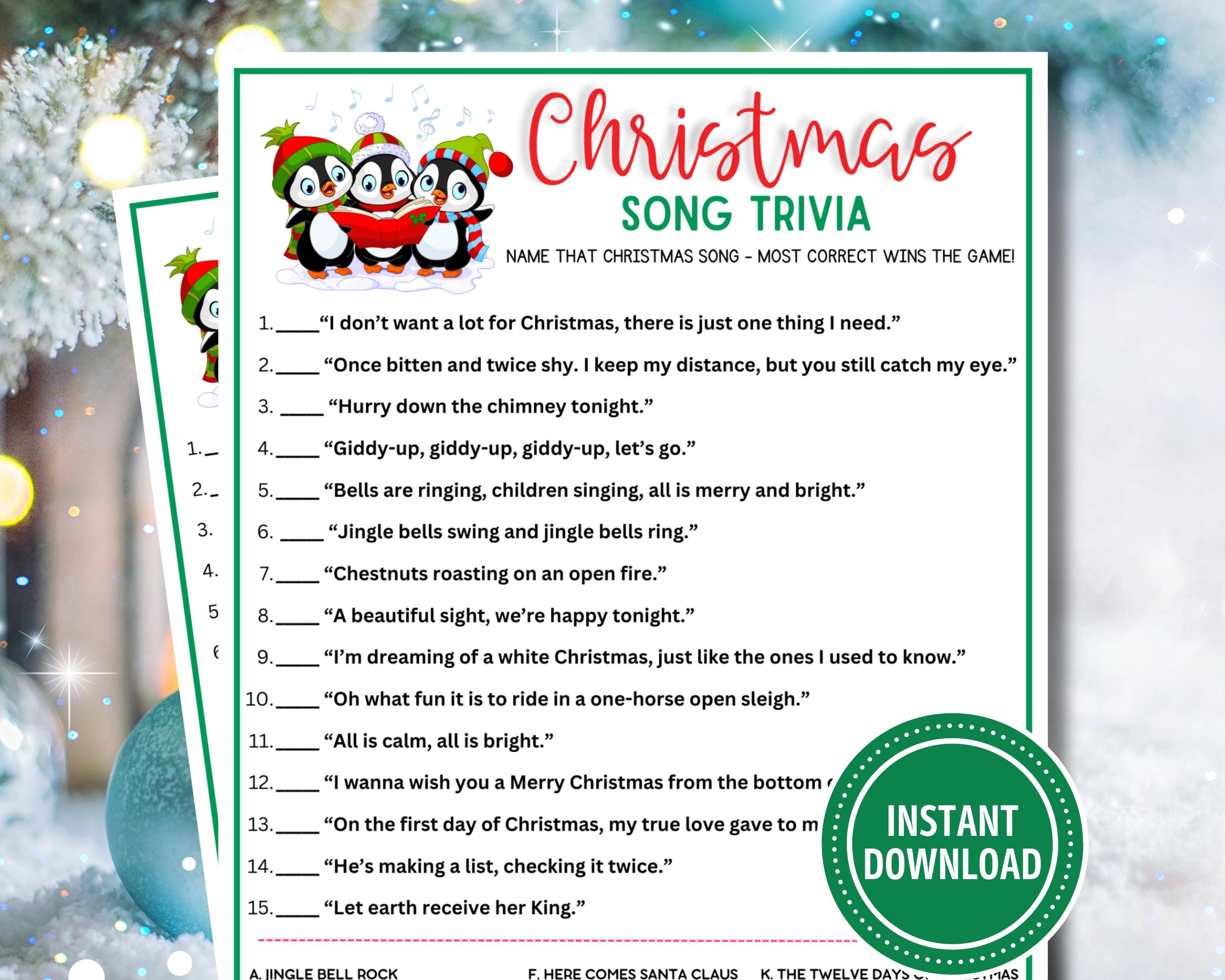 Christmas Song Trivia Game: Printable Holiday Party (digital Download ...