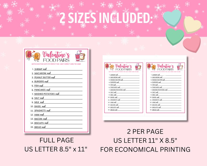 Valentine's Food Pairs Game Printable Valentine Games Digital Download ...