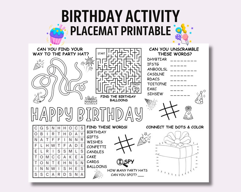 Birthday Activity Placemat Printable: Kids Coloring Page (PDF) - Etsy