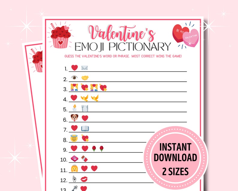 Valentine's Emoji Pictionary Game Printable Valentine Games Valentine's ...