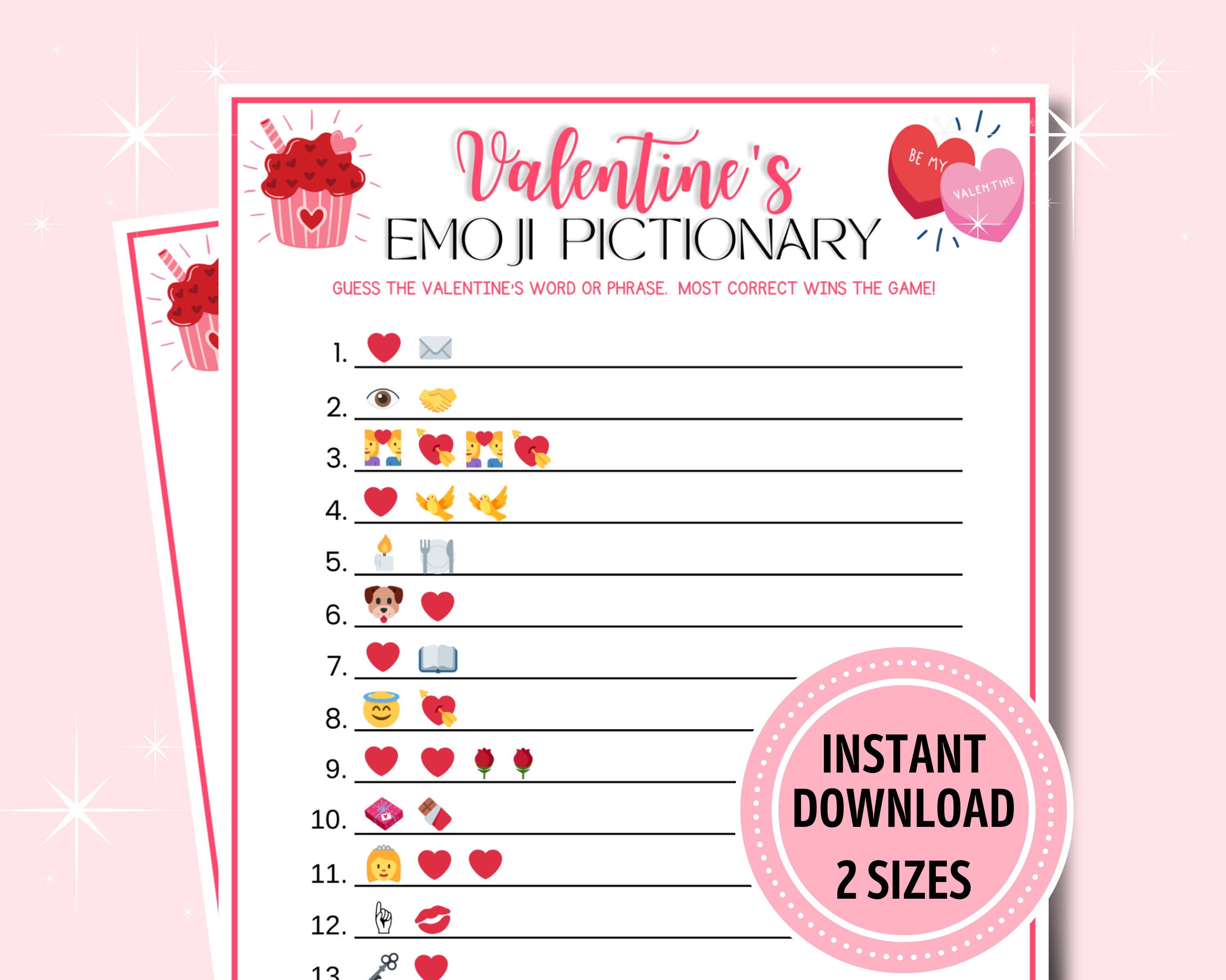 Valentine's Emoji Pictionary Game Printable Valentine Games Valentine's ...