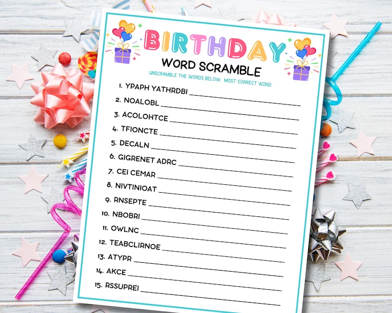 Birthday Word Scramble Game: Printable Party Trivia (digital Download ...