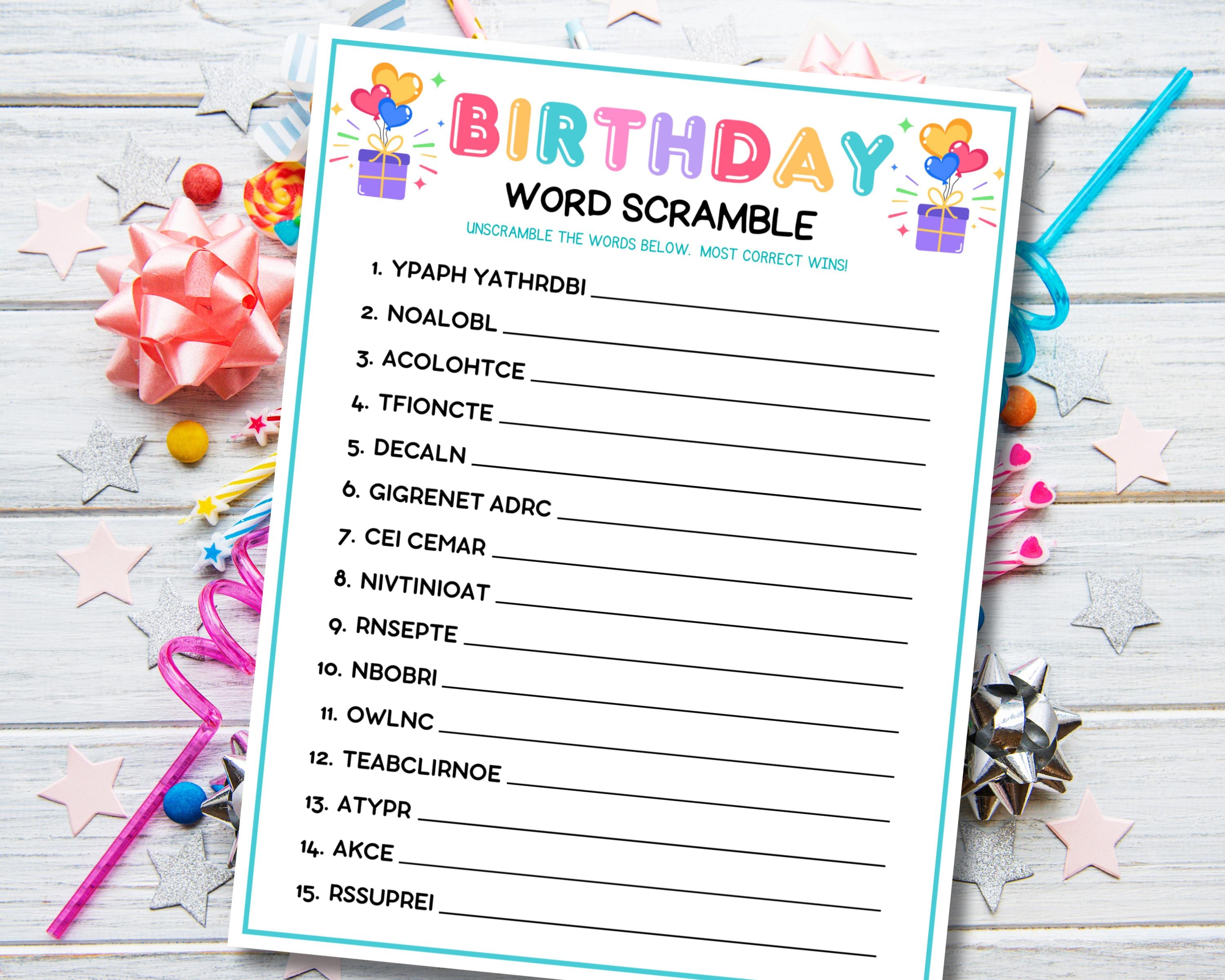 Birthday Word Scramble Game: Printable Party Trivia (digital Download ...