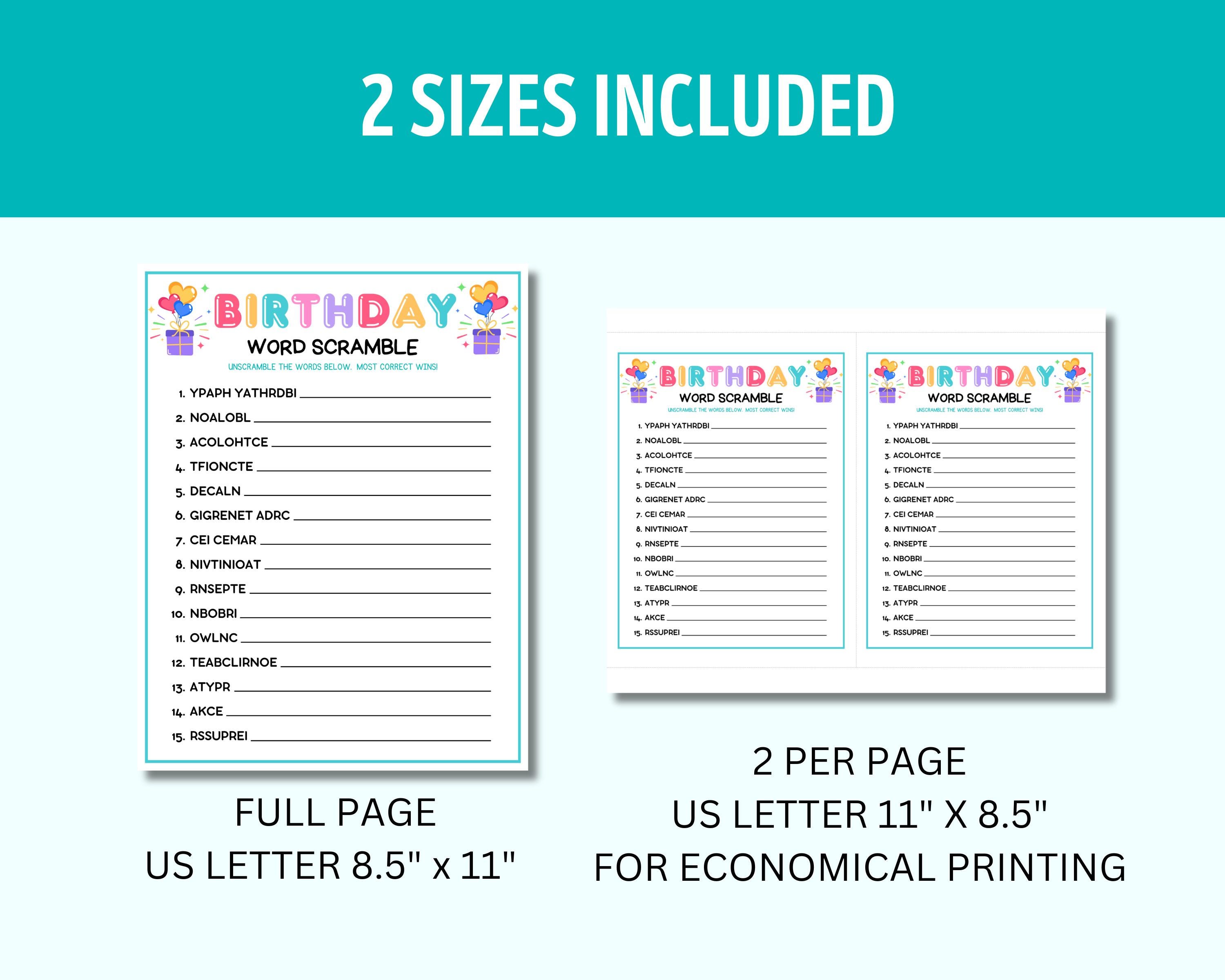 Birthday Word Scramble Game: Printable Party Trivia (digital Download ...
