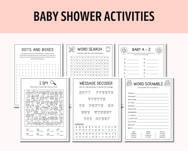 Kids Baby Shower Printable Activity Bundle | Digital Download Games ...