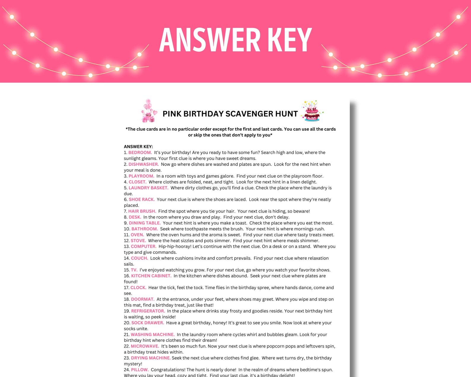 Pink Birthday Scavenger Hunt Clues: Kids Treasure Hunt (PDF) - Etsy