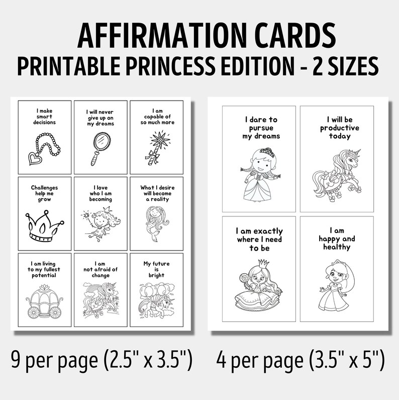 52 Printable PRINCESS Positive Affirmation Cards to Color for Kids ...