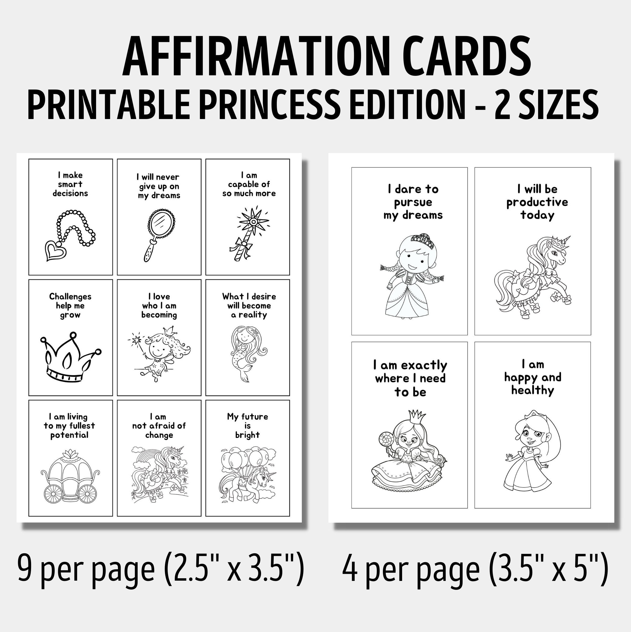 52 Printable PRINCESS Positive Affirmation Cards to Color for Kids ...