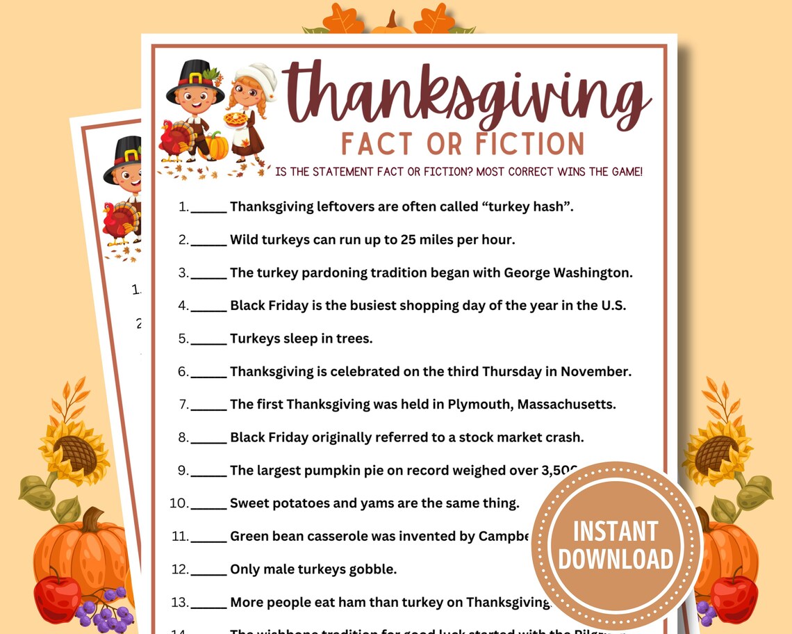 Thanksgiving Fact or Fiction Game: Printable Holiday Activity (digital ...