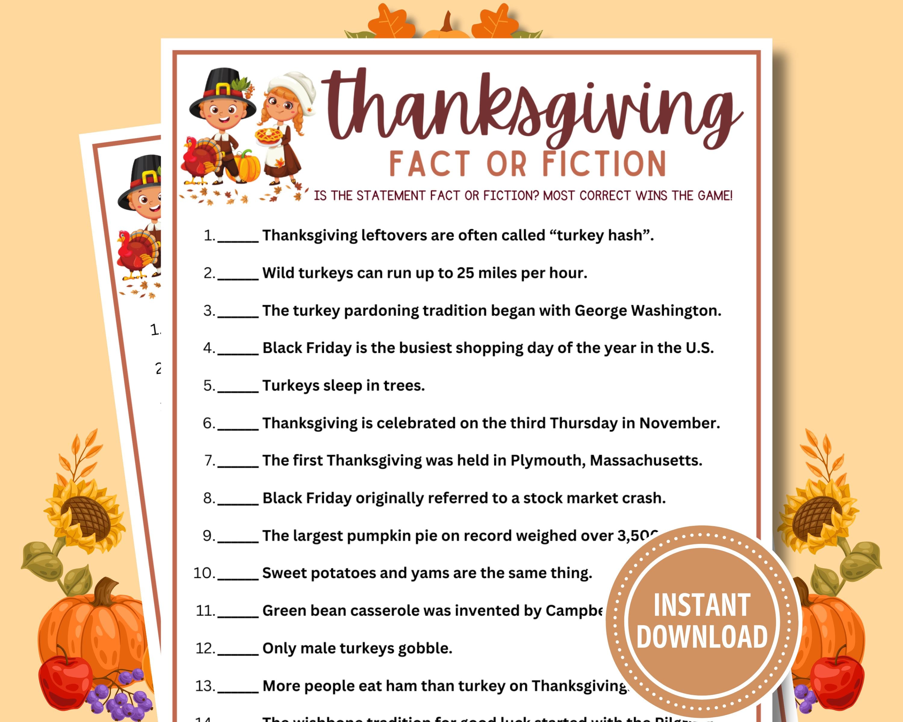 Thanksgiving Fact or Fiction Game | Printable Thanksgiving Game Digital ...