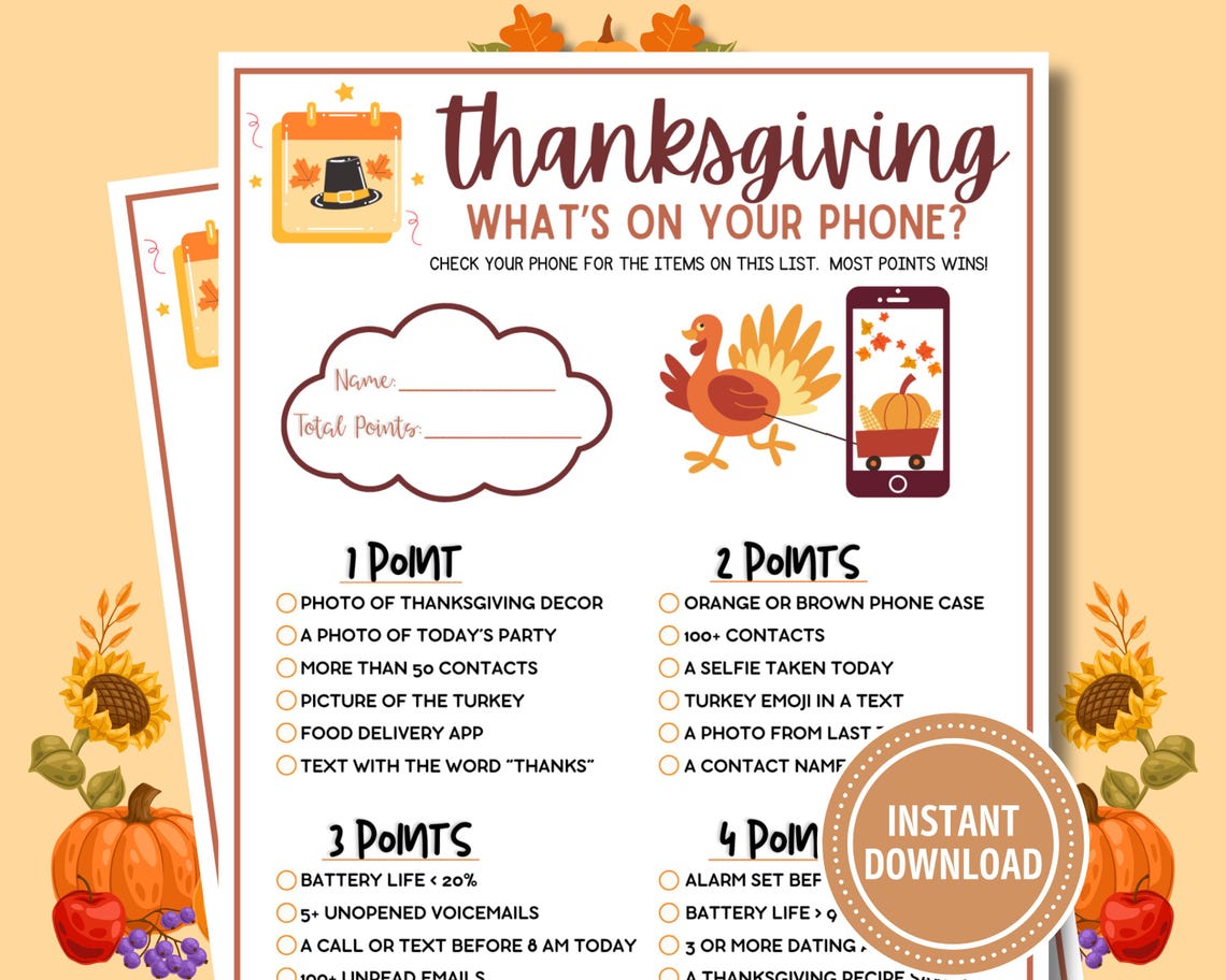 Thanksgiving What's on Your Phone Game | Printable Thanksgiving Game ...