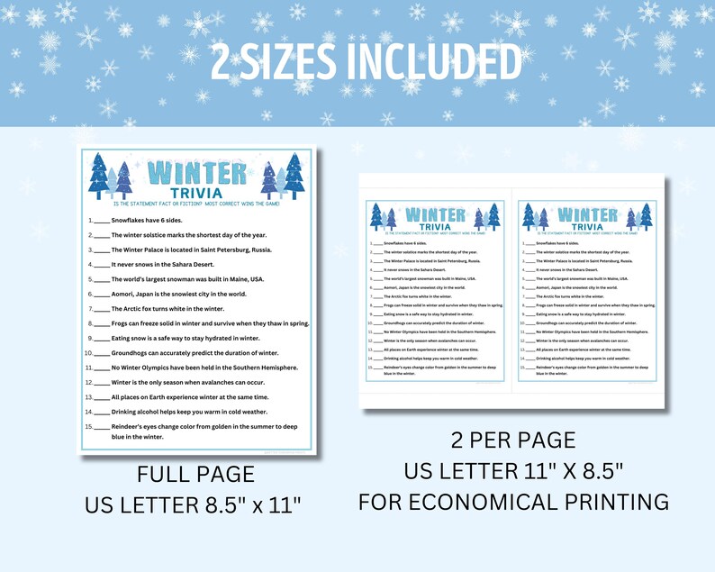Winter Fact or Fiction Trivia Game: Printable Holiday Activity (digital ...