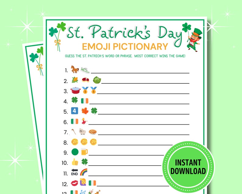 St. Patrick's Emoji Pictionary Game: Printable Party Activity (digital ...