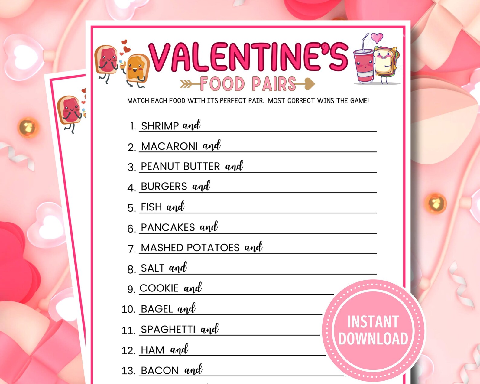 Valentine's Food Pairs Game | Printable Valentine Games Digital ...