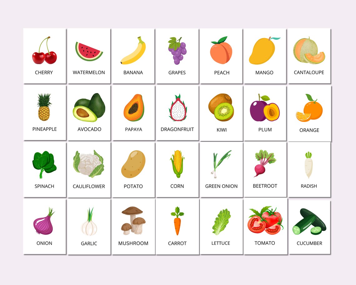Kids Fruits and Vegetables Flashcards Printable, Fruit Printable ...