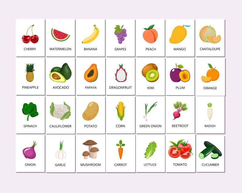 Kids Fruits and Vegetables Flashcards Printable, Fruit Printable ...