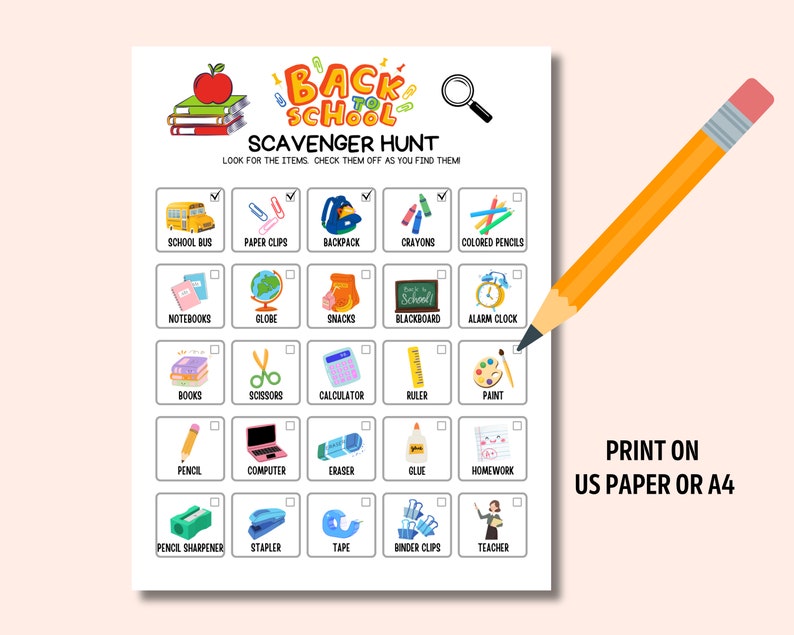Kids Back to School Scavenger Hunt Game | Printable Back to School Game ...