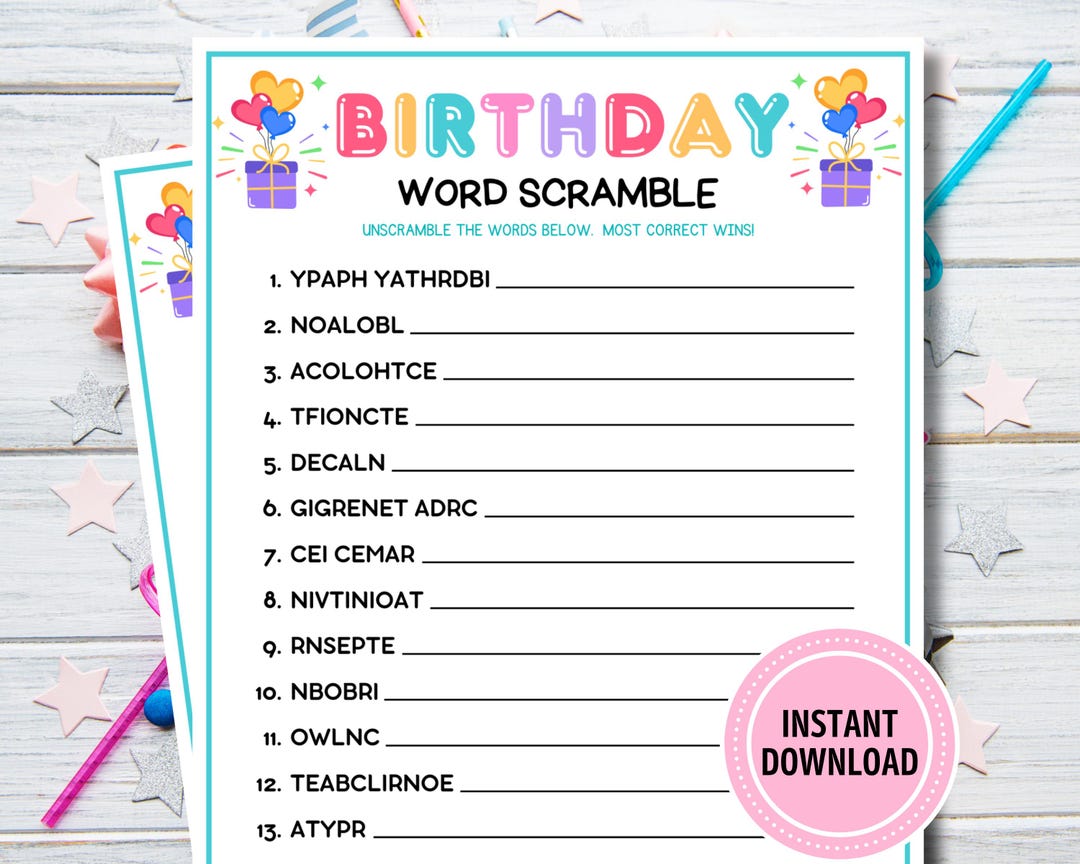 Birthday Word Scramble Game: Printable Party Trivia (digital Download ...