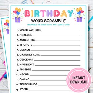 Birthday Word Scramble Game: Printable Party Trivia (digital Download ...
