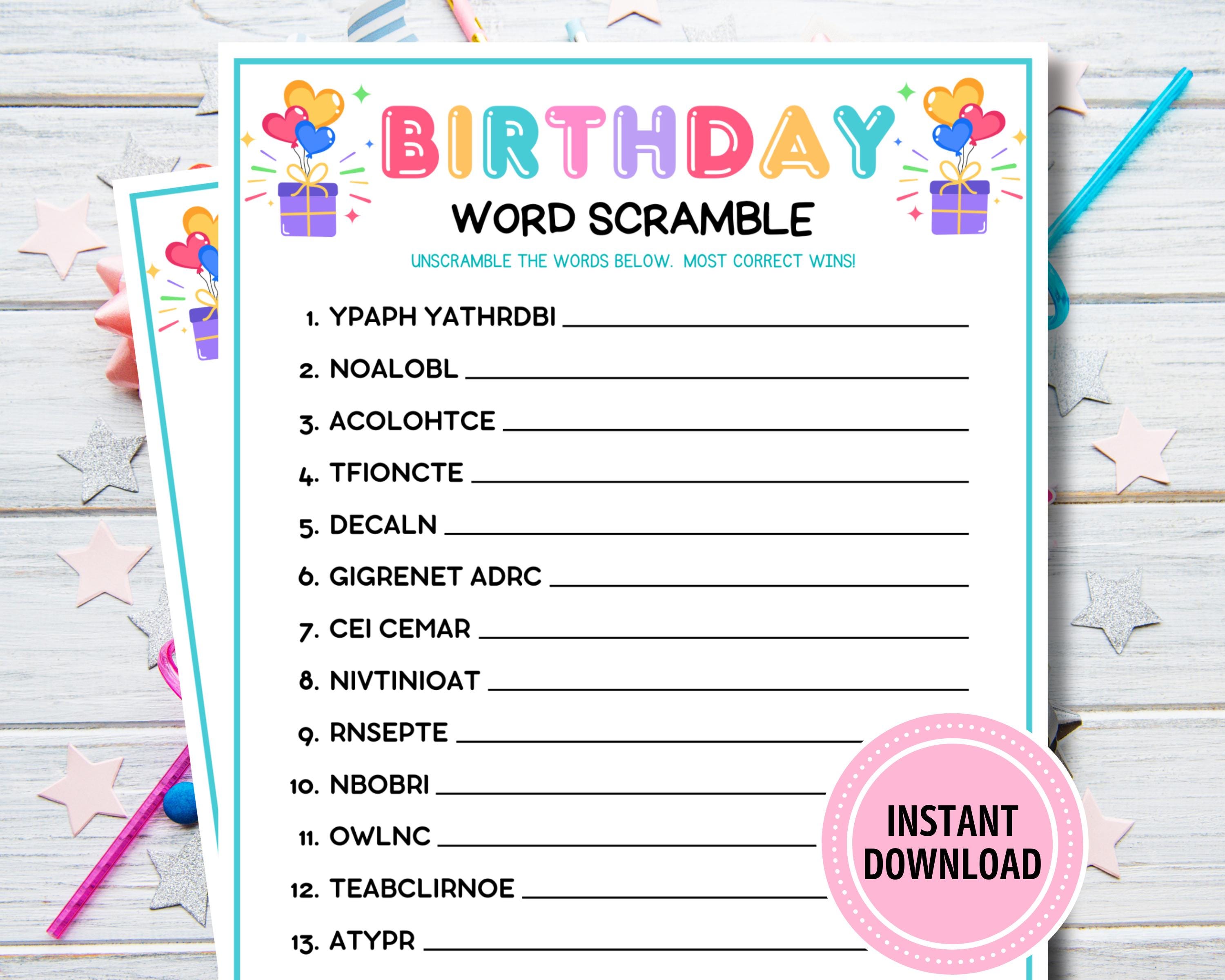 Birthday Word Scramble Game: Printable Party Trivia (digital Download ...