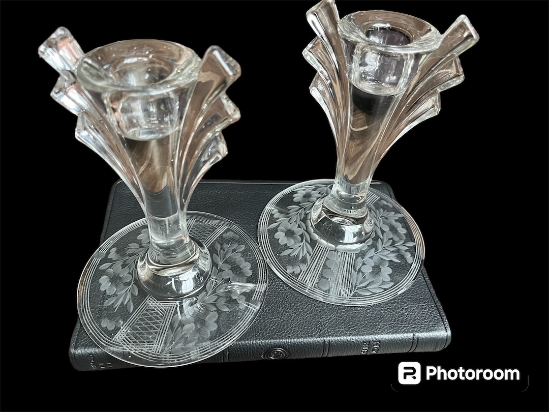 Vintage Etched Floral Art Deco Glass Candlestick Holders, Duncan ...