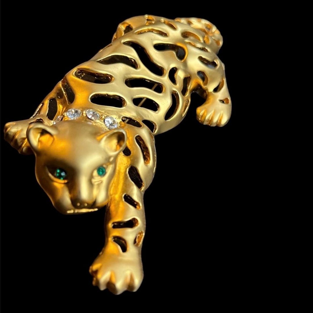 Large Figural Crouching Panther Tiger Cat Pin, Crystal Collar, Green ...