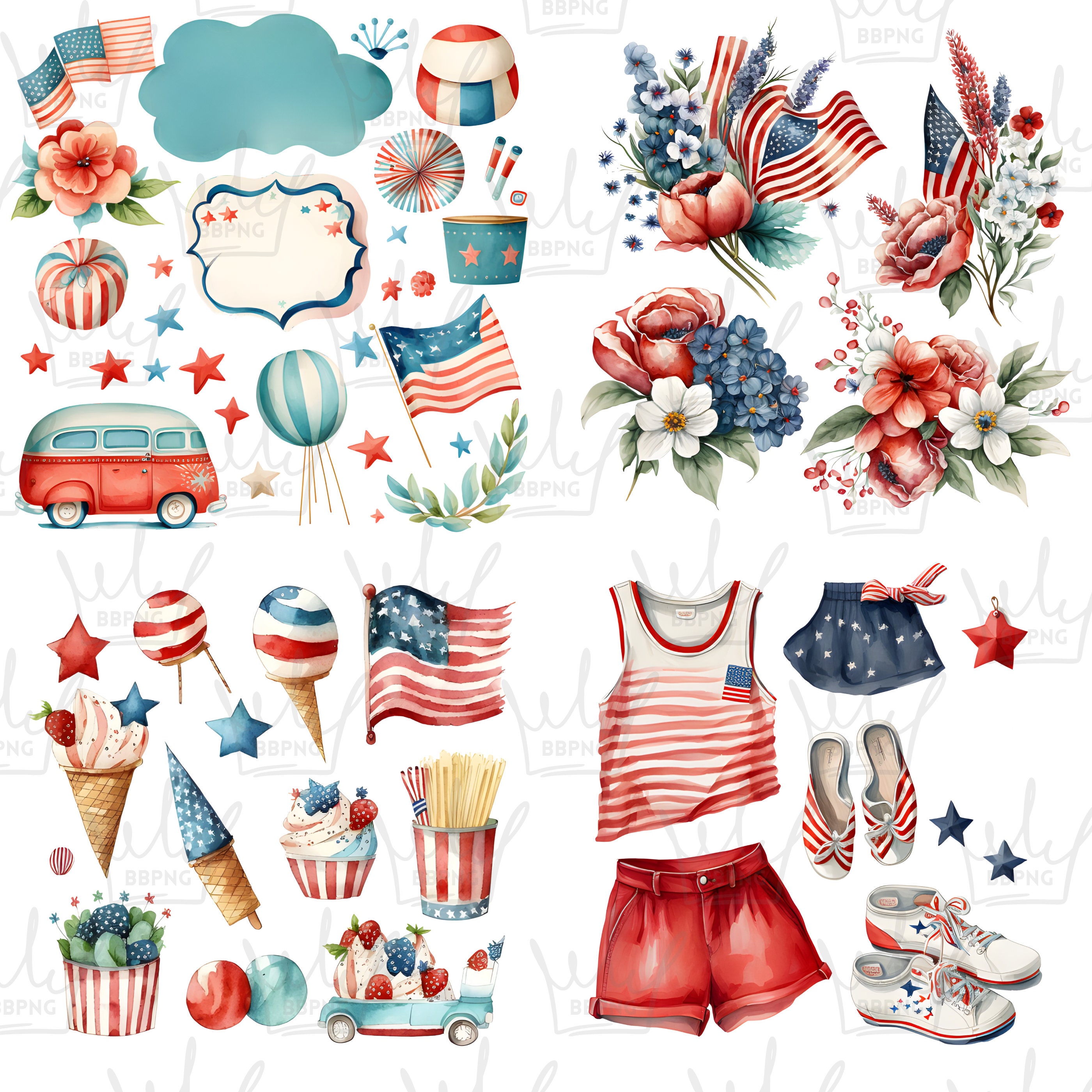 Watercolor 4th of July Clipart Cute July Fourth Clipart USA - Etsy