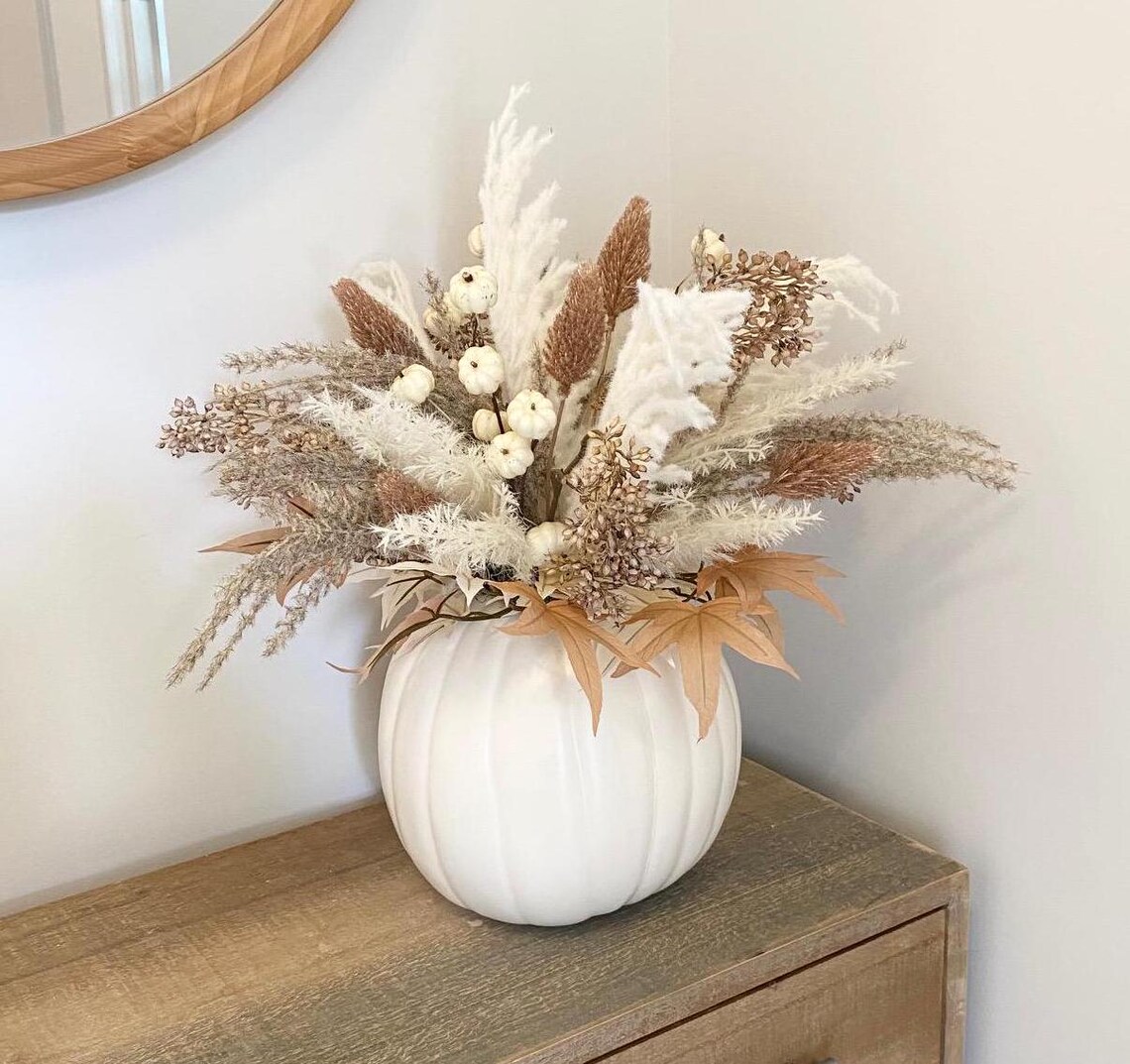 White Pumpkin Filled With Mini Pumpkins, Fall Berries, Wheat, Pampas ...