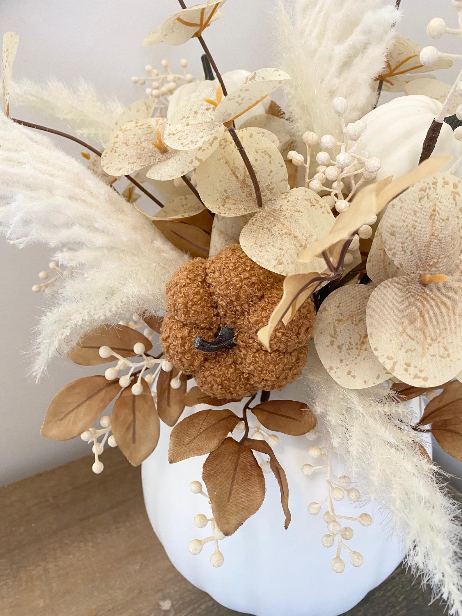 White Pumpkin Filled With Rust Boucle Mini Pumpkins, Eucalyptus ...