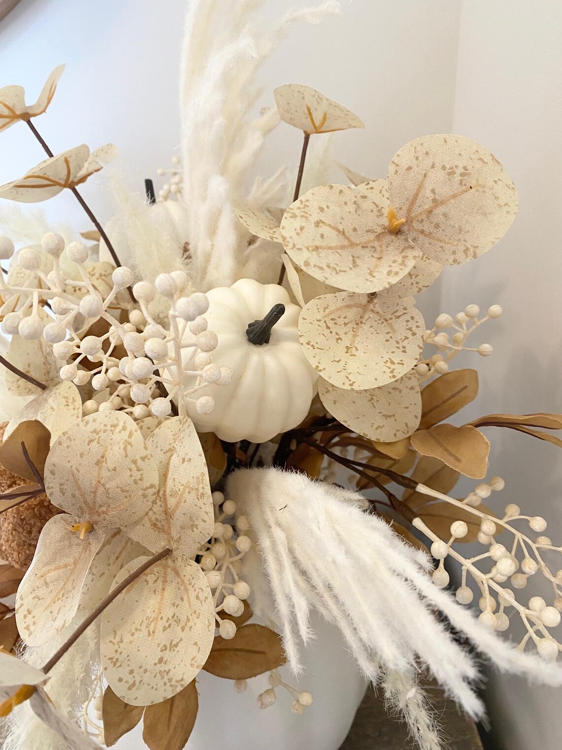 White Pumpkin Filled With Rust Boucle Mini Pumpkins, Eucalyptus ...