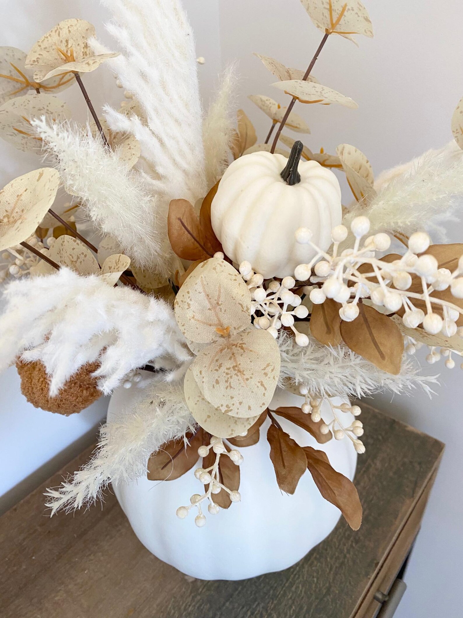 White Pumpkin Filled With Rust Boucle Mini Pumpkins, Eucalyptus ...