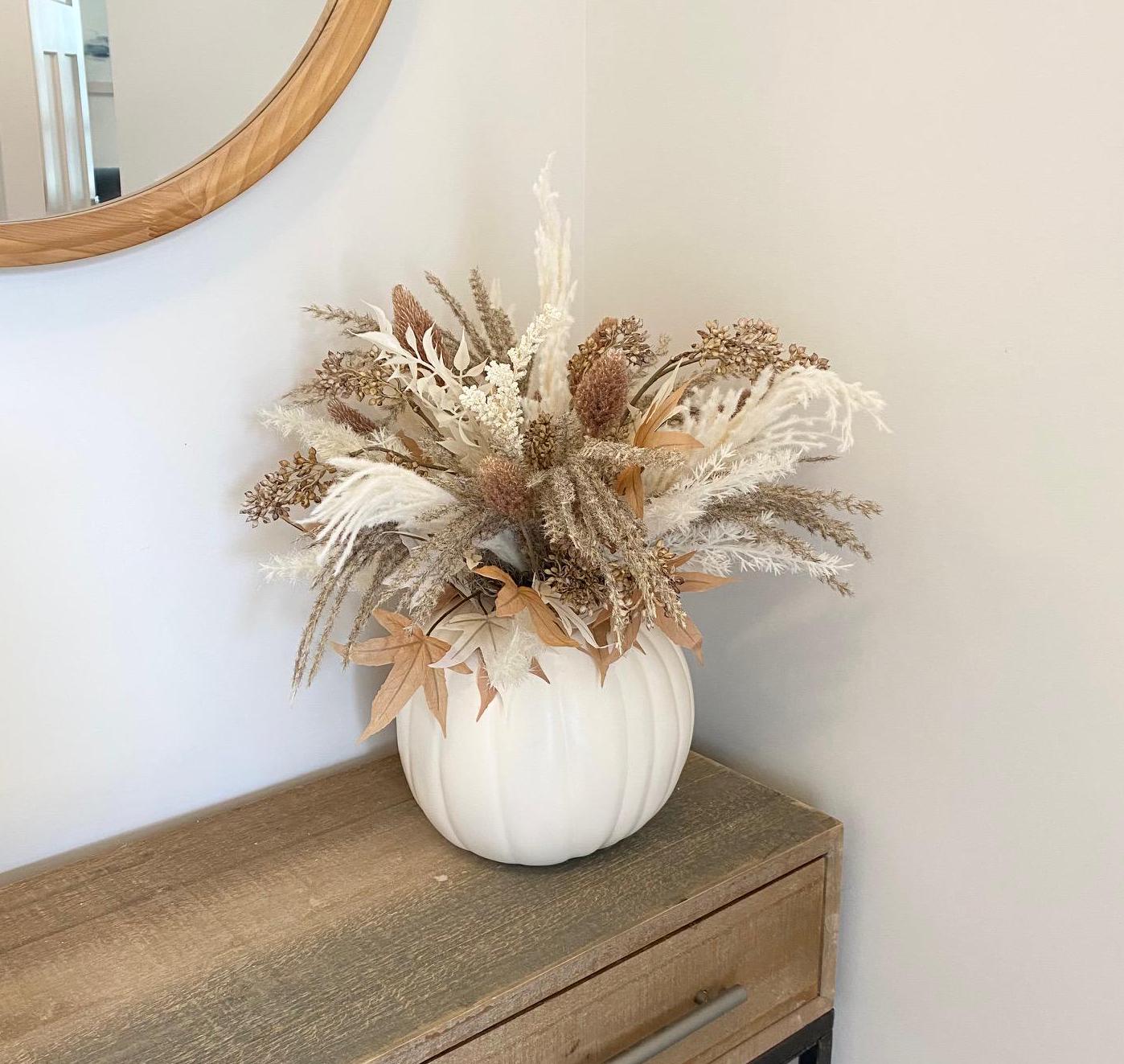 White Pumpkin Filled With Pampas Grass, Fall Grasses, Berries, Wheat ...