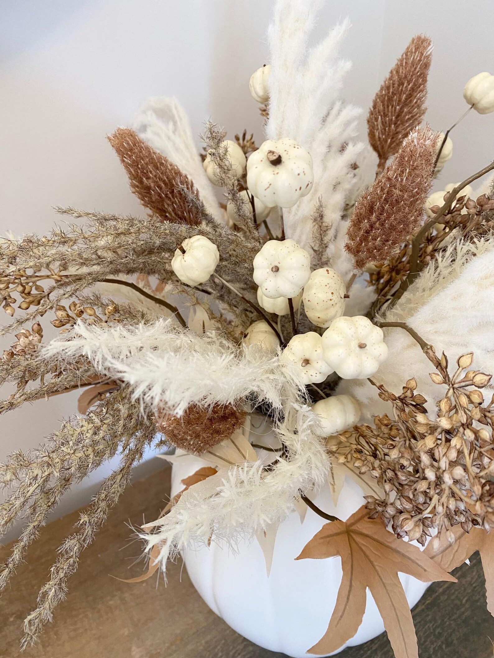 White Pumpkin Filled With Mini Pumpkins, Fall Berries, Wheat, Pampas ...