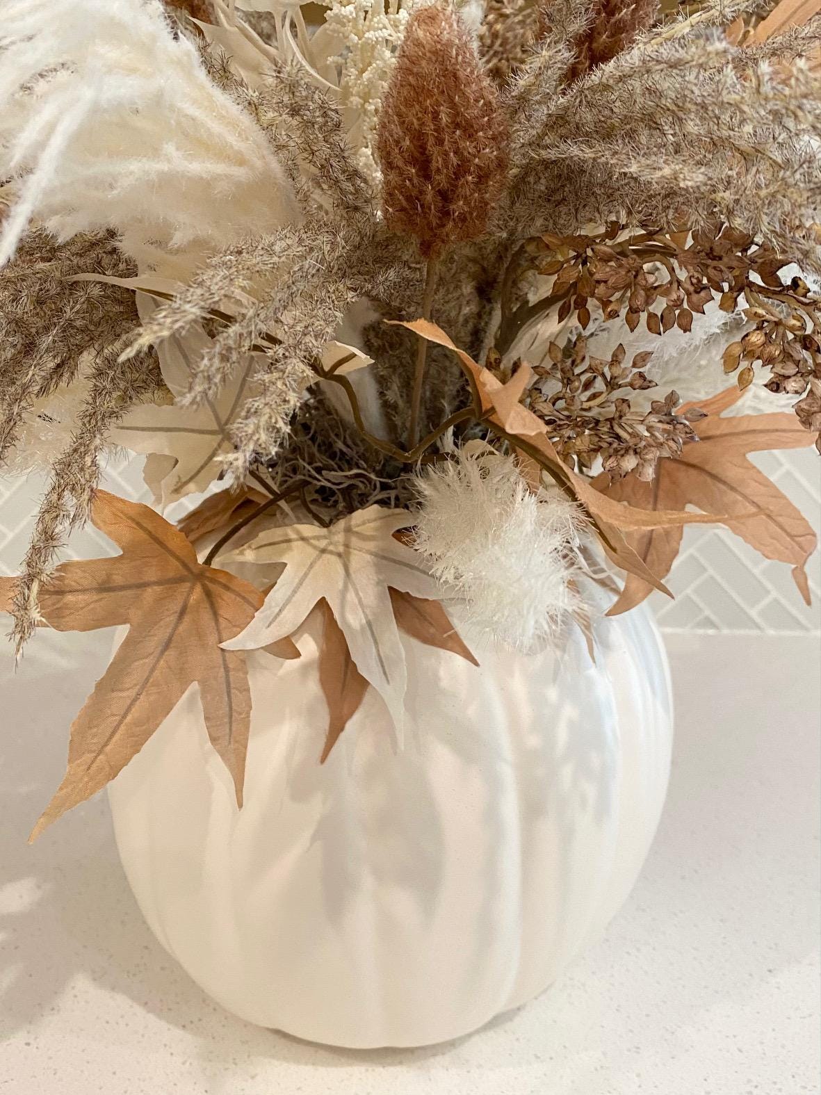 White Pumpkin Filled With Pampas Grass, Fall Grasses, Berries, Wheat ...