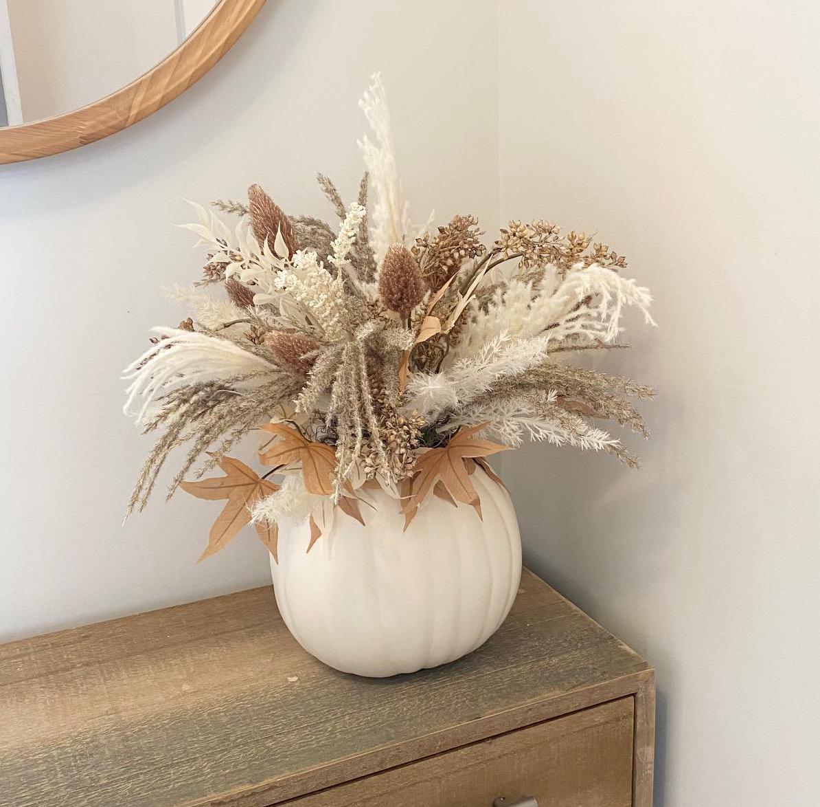 White Pumpkin Filled With Pampas Grass, Fall Grasses, Berries, Wheat ...