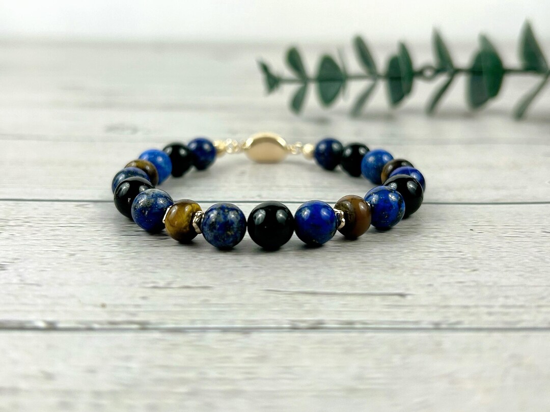 Lapis Lazuli Bracelet: Black Tourmaline & Tiger Eye Gemstone Beads - Etsy