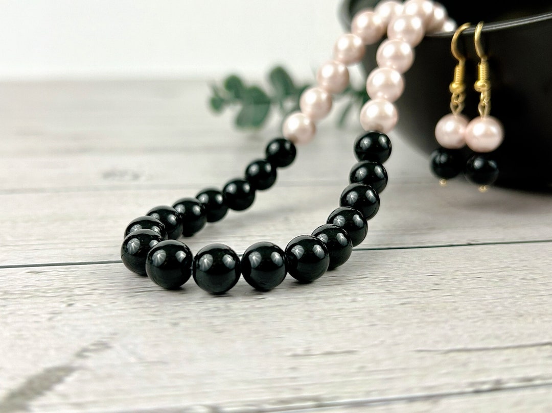 Black Onyx & Shell Pearl Necklace: Handmade Gemstone Jewelry - Etsy
