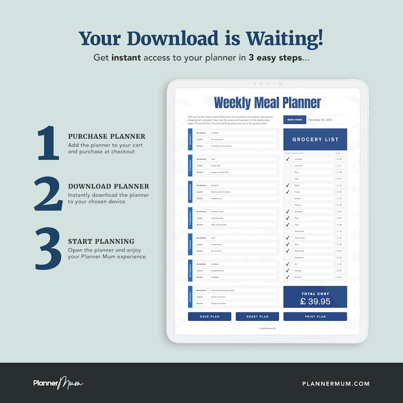 Weekly Meal Planner | Printable Digital PDF for Family Dinners | Meal ...