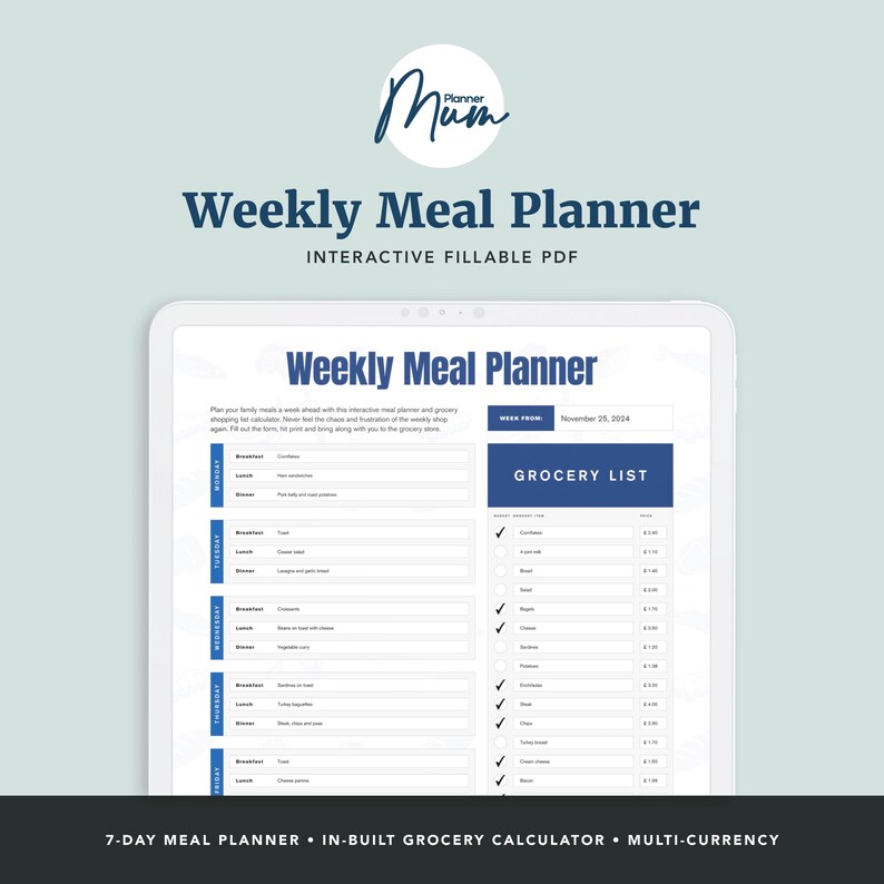 Weekly Meal Planner | Printable Digital PDF for Family Dinners | Meal ...