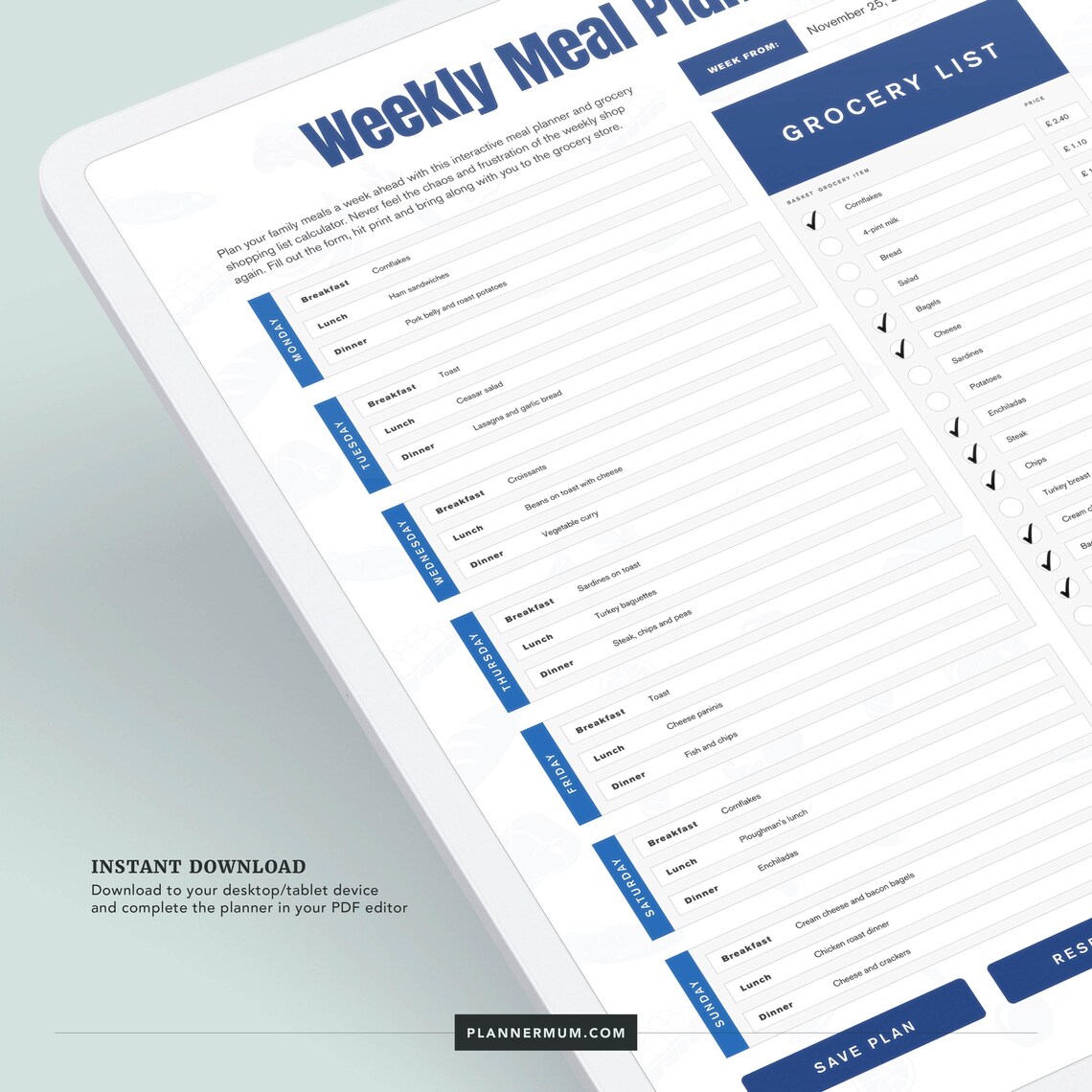 Weekly Meal Planner | Printable Digital PDF for Family Dinners | Meal ...