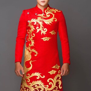 Red Ao Dai Vietnam for Men, High Quality Hand-drawn Vietnamese Traditional Costume, Vietnamese ...