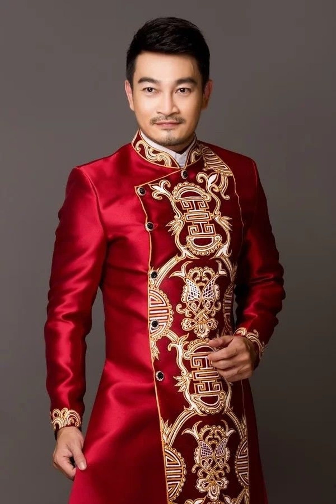 Red Ao Dai Vietnam for Men, High Quality Hand-drawn Vietnamese Traditional Costume, Vietnamese ...