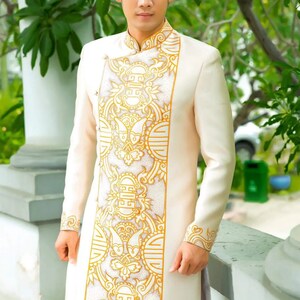 Red Ao Dai Vietnam for Men, High Quality Hand-drawn Vietnamese Traditional Costume, Vietnamese ...