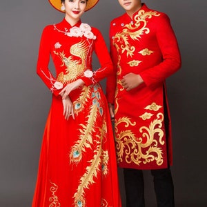 Red Ao Dai Vietnam for Men, High Quality Hand-drawn Vietnamese Traditional Costume, Vietnamese ...