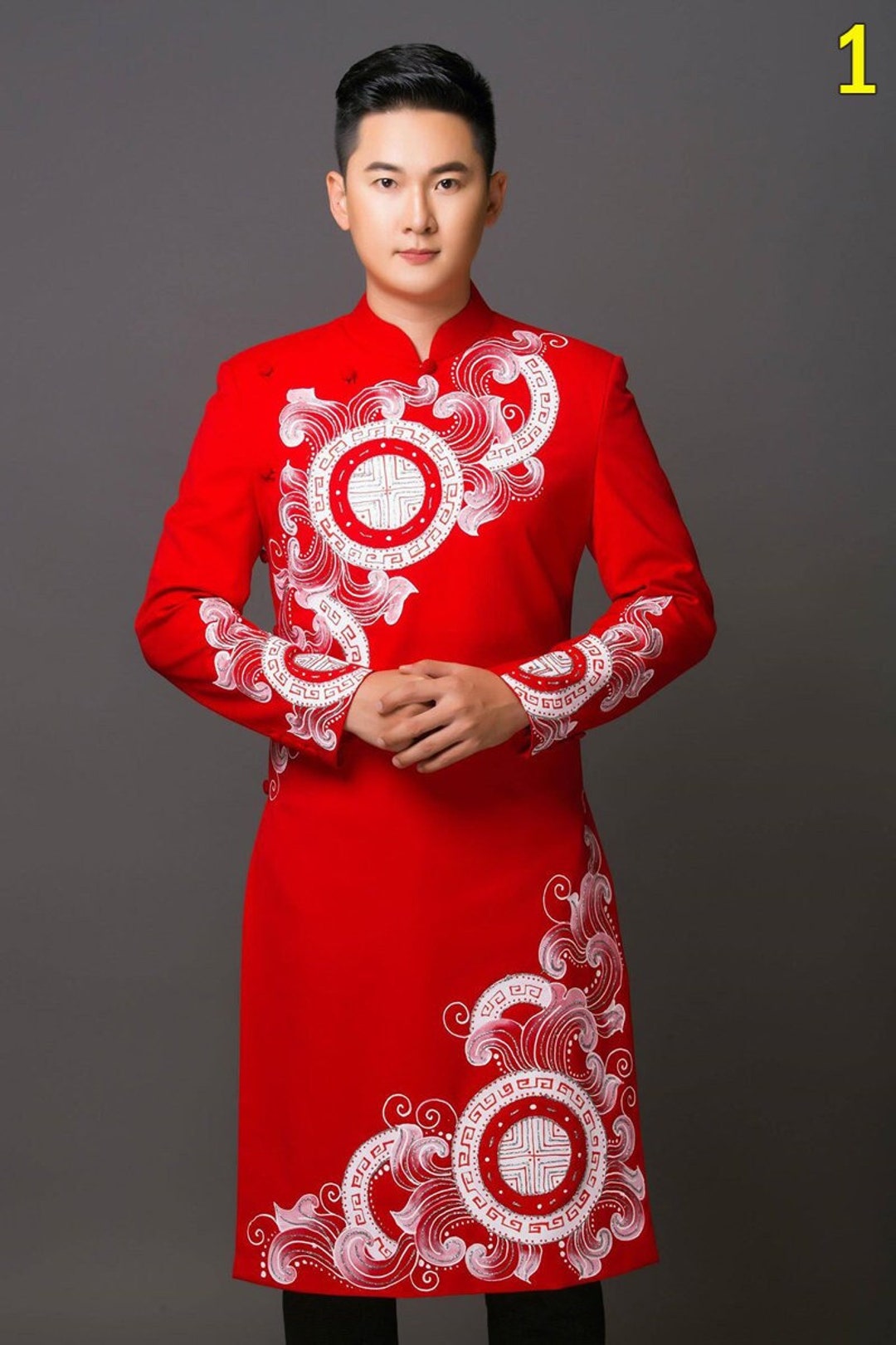 Red Ao Dai Vietnam for Men, High Quality Hand-drawn Vietnamese Traditional Costume, Vietnamese ...